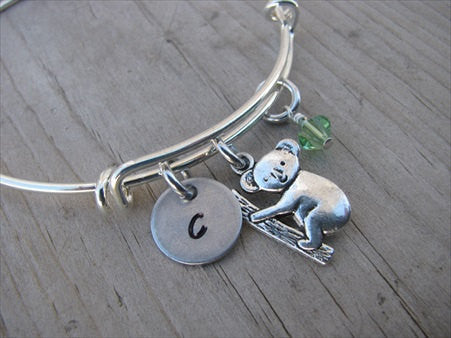 Koala Charm Bangle Bracelet Adjustable Bangle Bracelet with Hand Stamped Initial Koala Charm and accent bead Jenn s Handmade Jewelry