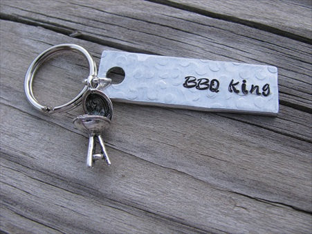 BBQ Keychain - "BBQ King" with grill charm- Hand Stamped Metal Keychai ...